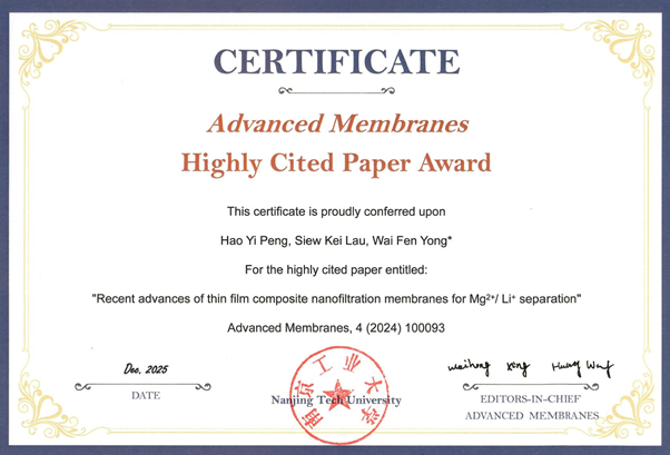 Prof. Yong Wai Fen and Team Awarded Highly Cited Paper for Membrane ...